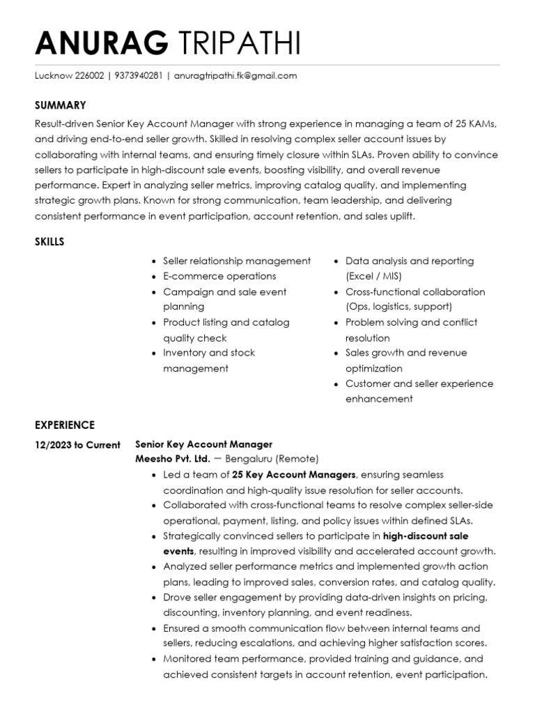 Cv Anurag_tripathi (1) | PDF | Sales | Performance Indicator