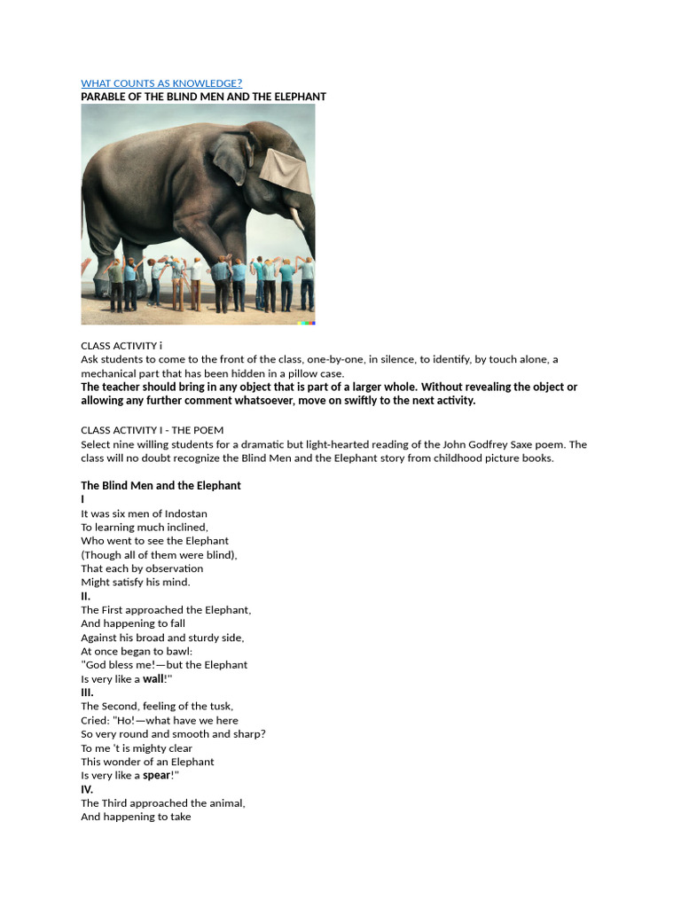 Elephant and Blind Man Poem | PDF