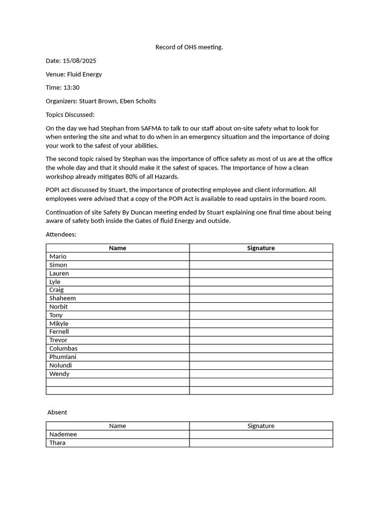 Record of OHS Meeting | PDF