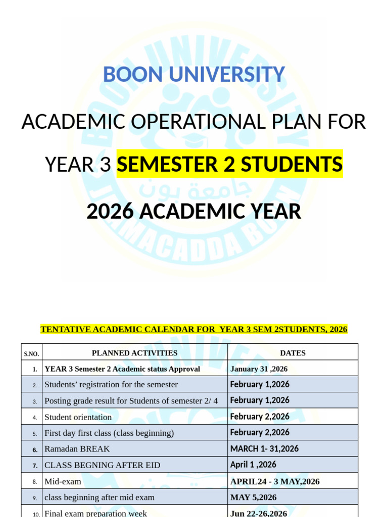 Academic Calender Year 3 Boon University | PDF
