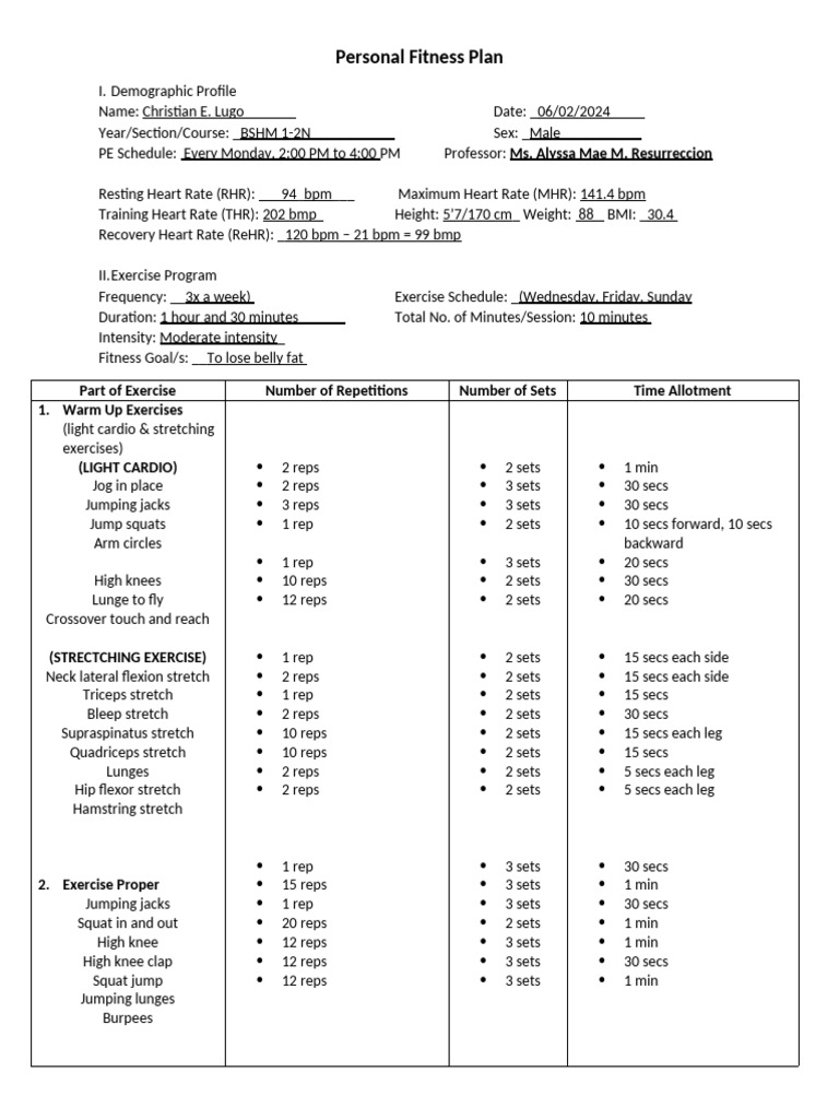 Personal Fitness Plan - Lugo, Christian E. BSHM 1-2N | PDF | Heart Rate ...