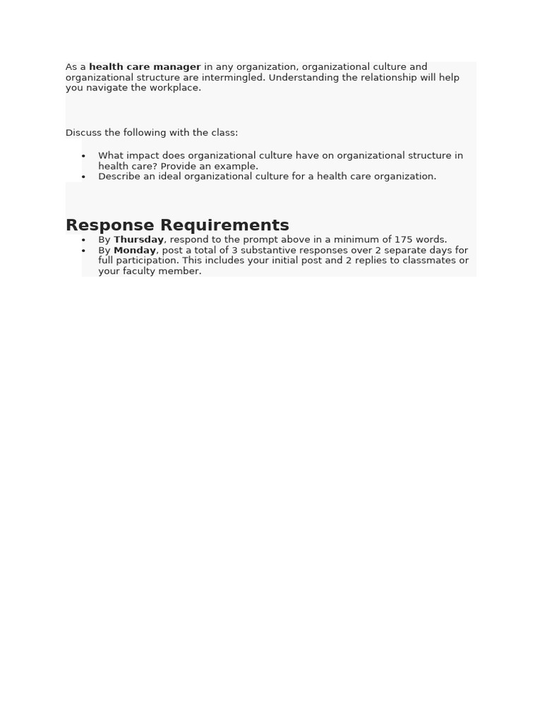 HCS 370 Wk 4 Discussion- Organizational Culture in Health Care | PDF