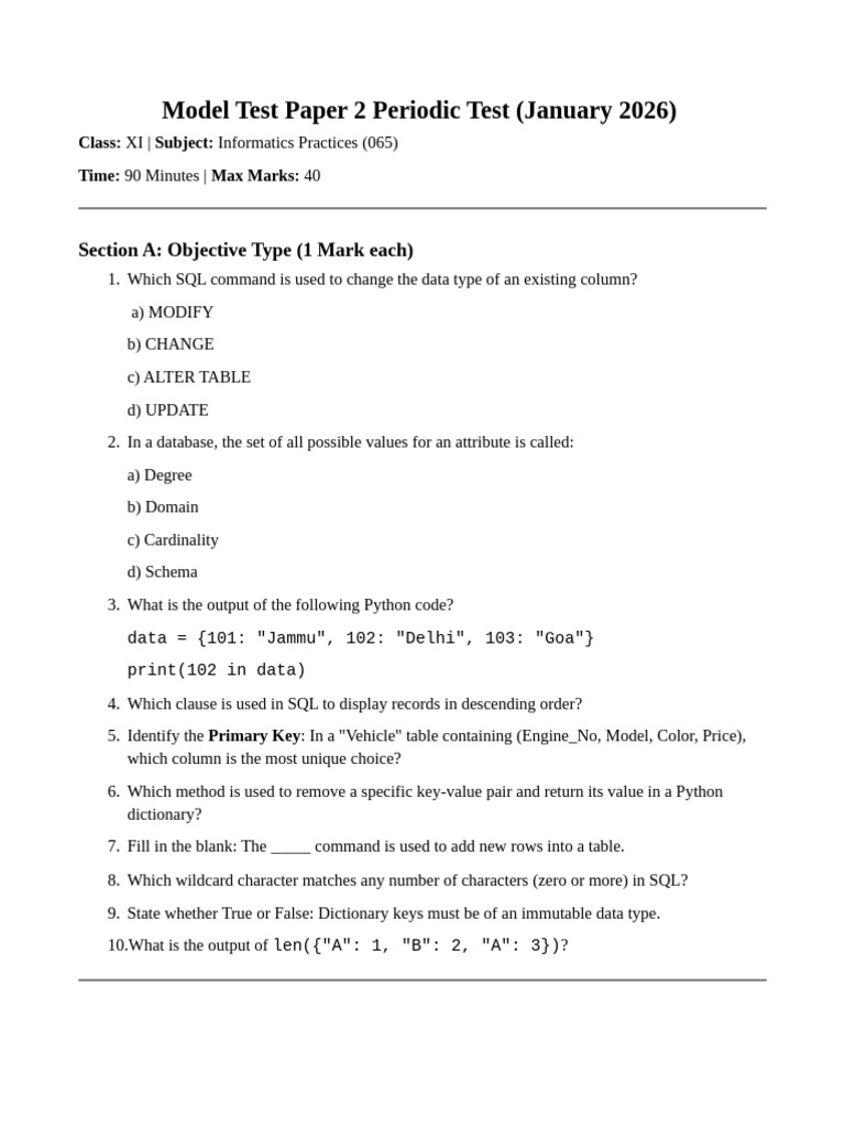 Model Test Paper 2 Periodic Test (January 2026) | PDF | Sql | Databases