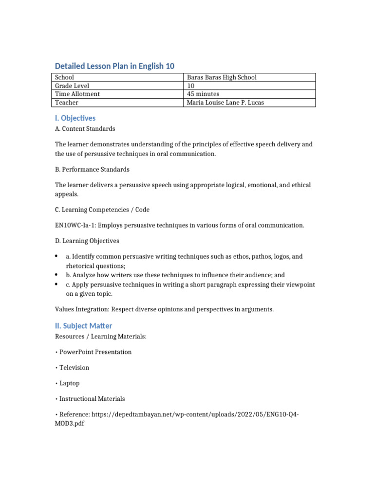 DepEd Format Lesson Plan Persuasive Writing | PDF