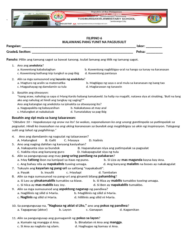 Unit Test Filipino 2nd Grading Fil | PDF