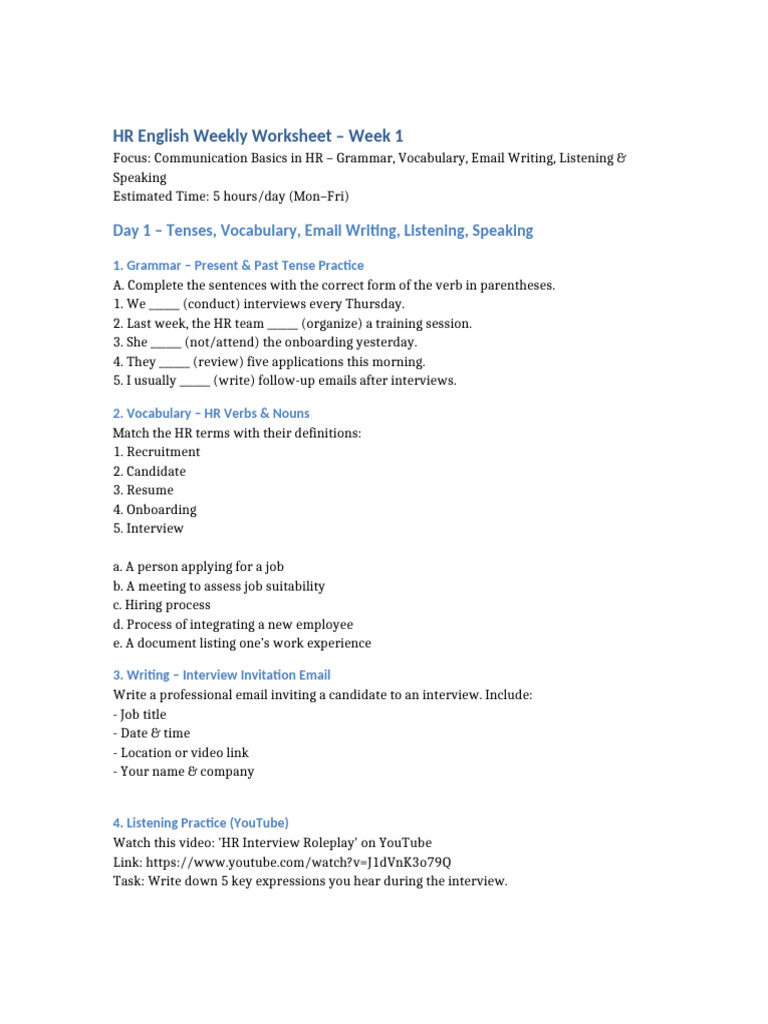 HR English Week 1 Worksheet | PDF