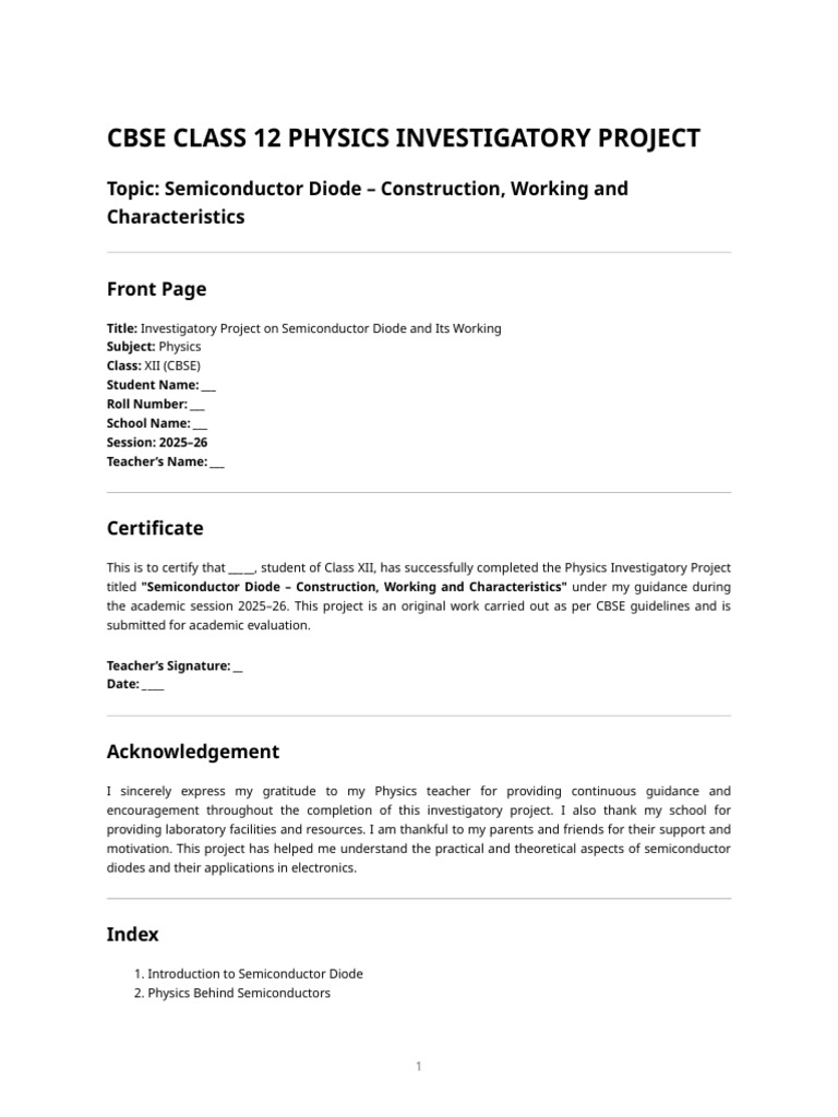Cbse Class12 Physics Investigatory Project Diode | PDF | P–N Junction | Diode