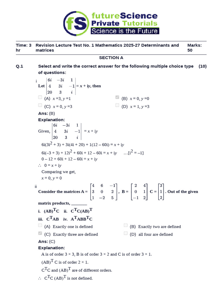 Revision Lecture Test No. 1 Mathematics 2025 27 Determinants and ...