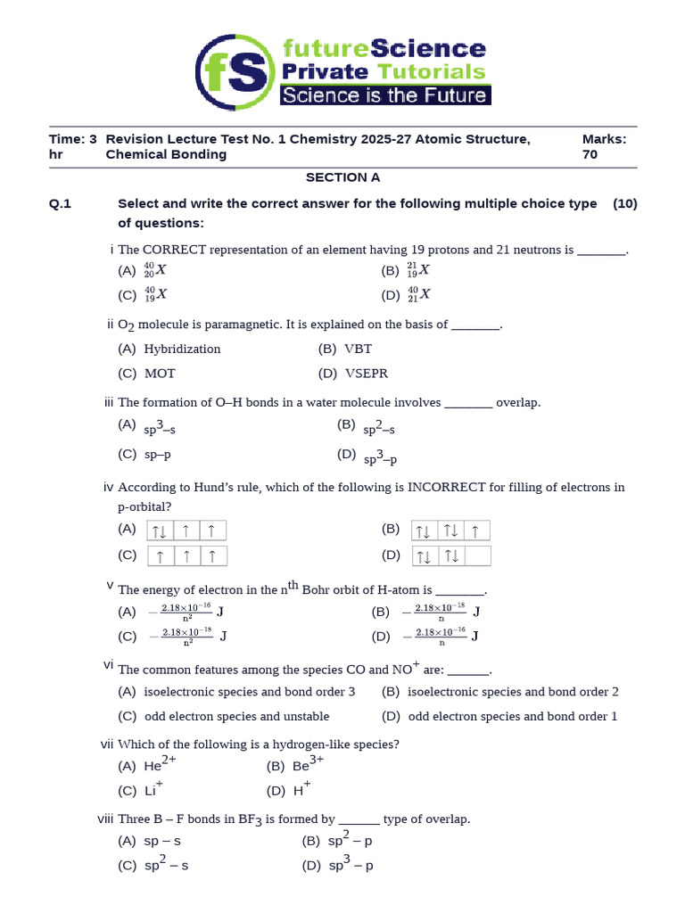 Revision Lecture Test No. 1 Chemistry 2025 27 Atomic Structure ...