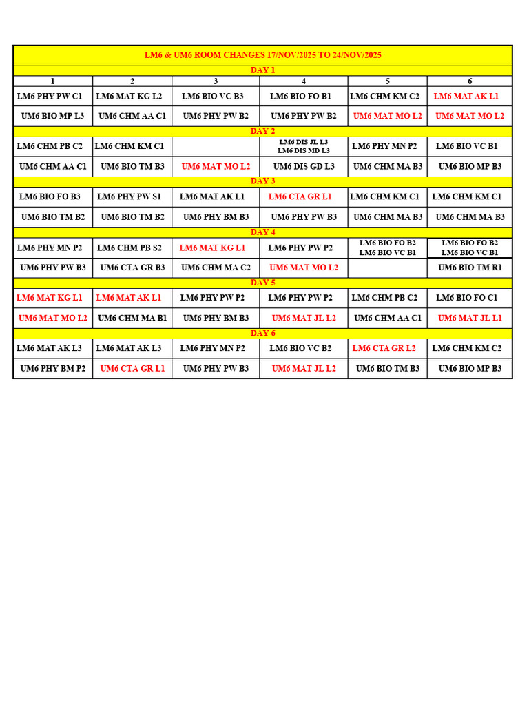 LM6 and UM6 Class Room Changes EoY Exam Term 3 2025 | PDF