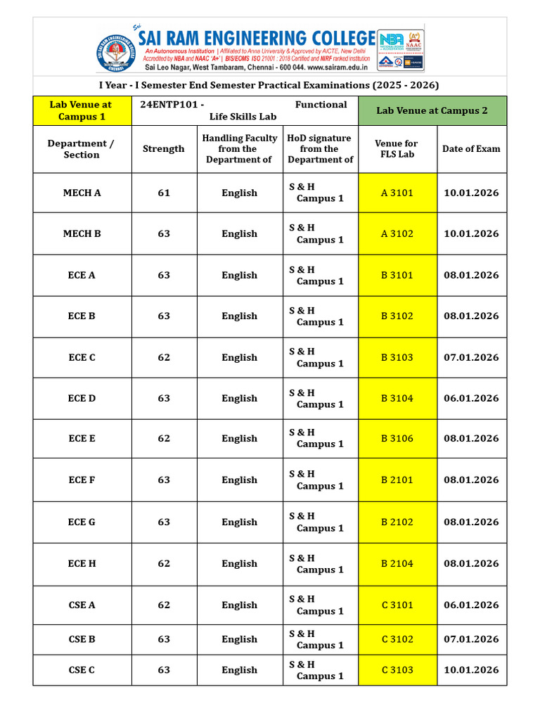 I Sem Lab Schedule (2025 - 2026) .XLSX - Fls Lab | PDF