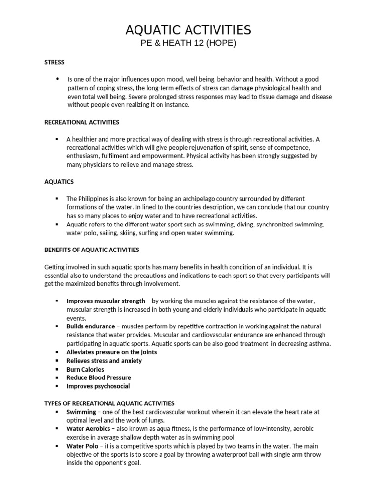 Aquatic Activities Pehealth12 | PDF | Underwater Diving | Swimming