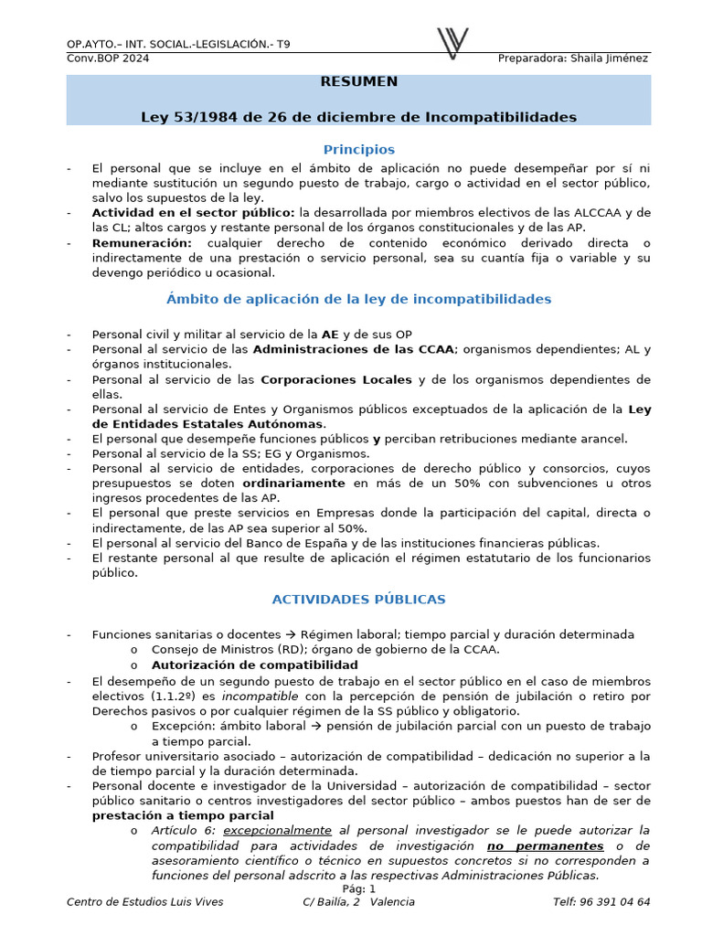 Resumen Incompatibilidades | PDF | Salario | Maestros