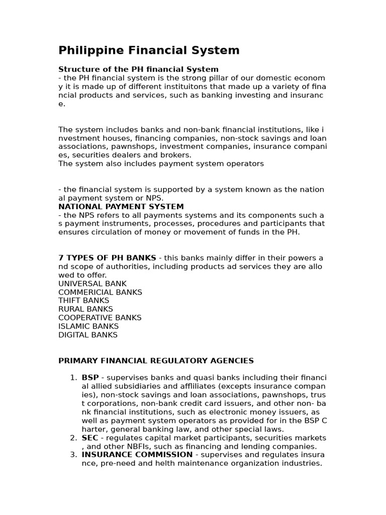Philippine Financial System | PDF | Banks | Finance & Money Management