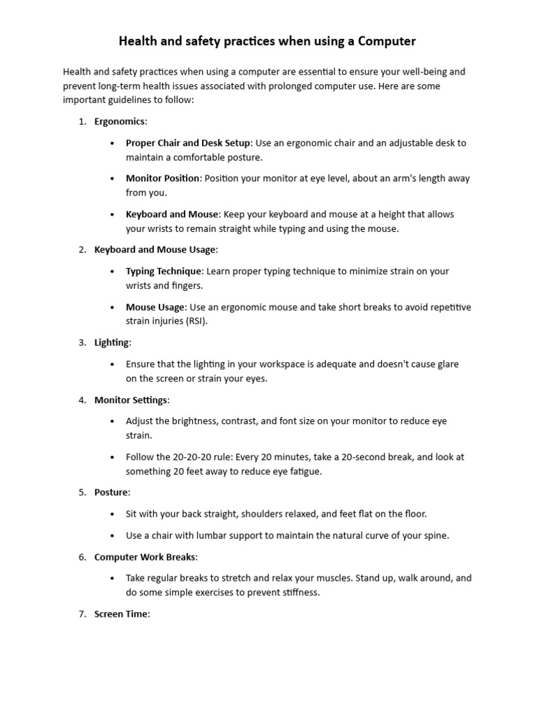 Health and Safety Practices When Using a Computer | PDF | Computer Keyboard