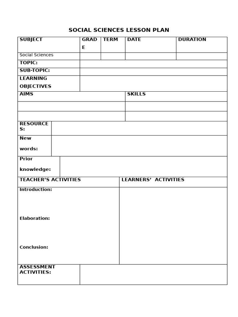 Social Sciences Lesson Plan Template & Exemplar | PDF | Lesson Plan ...