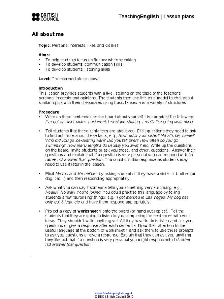 All About Me Lesson Plan | PDF | Question | Lesson Plan