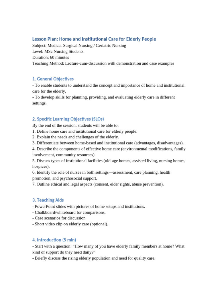 Lesson Plan Home Institutional Care Elderly | PDF | Nursing ...