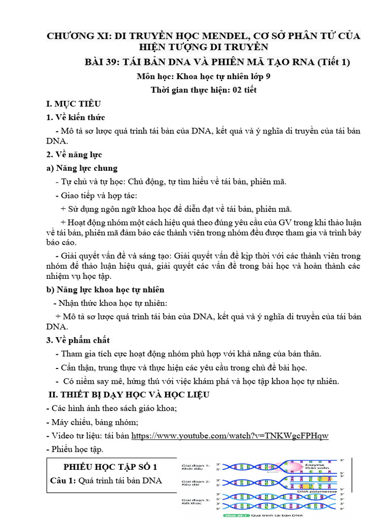 Bài 39. Tái Bản DNA Và Phiên Mã Tạo RNA (Tiết 1) | PDF