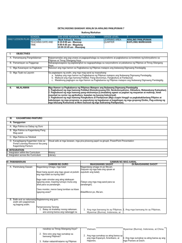 DLP AP 7 Mga Hamon Sa Pagkabansa NG Pilipinas 1 1 | PDF