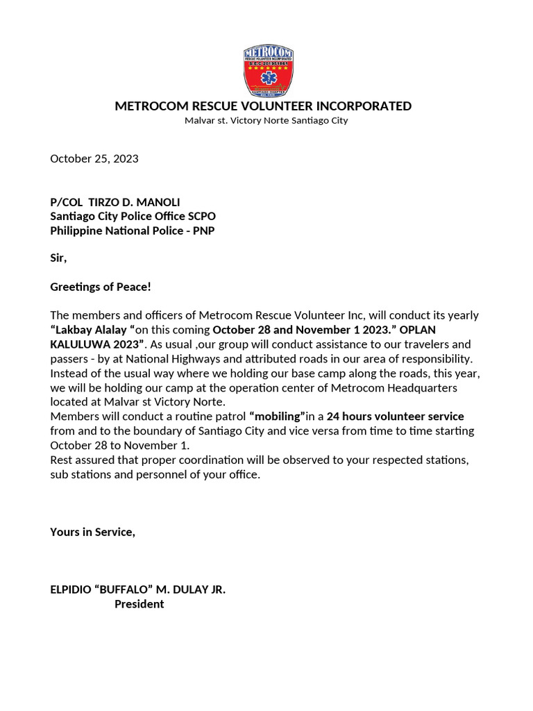 Oplan Undas 2023 Letter PNP | PDF