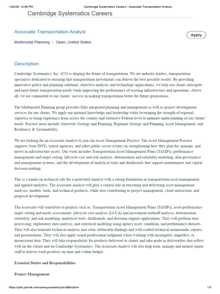 Cambridge Systematics Careers - Associate Transportation Analyst | PDF ...