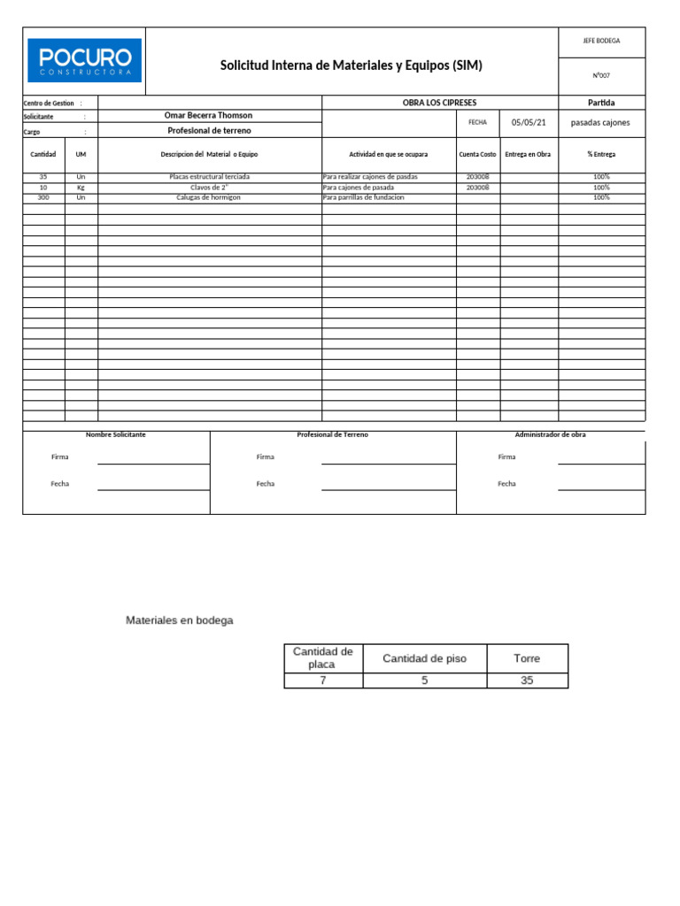 Solicitud de materiales N°007 Instalacion de faena | PDF