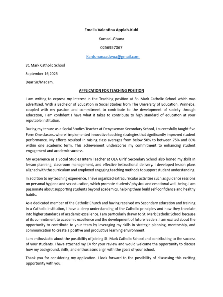 Valentina Emiliah Appiah Kubi - Application Letter | PDF | Teachers ...