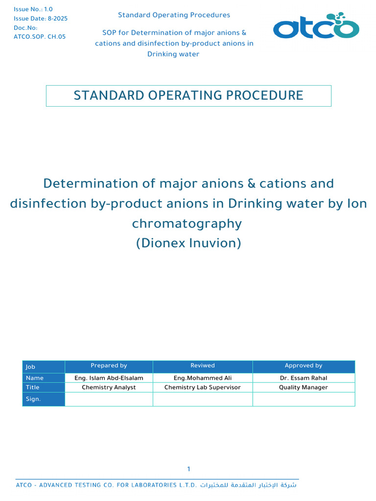 SOP For Determination of Major Anions & Cations and Disinfection By ...