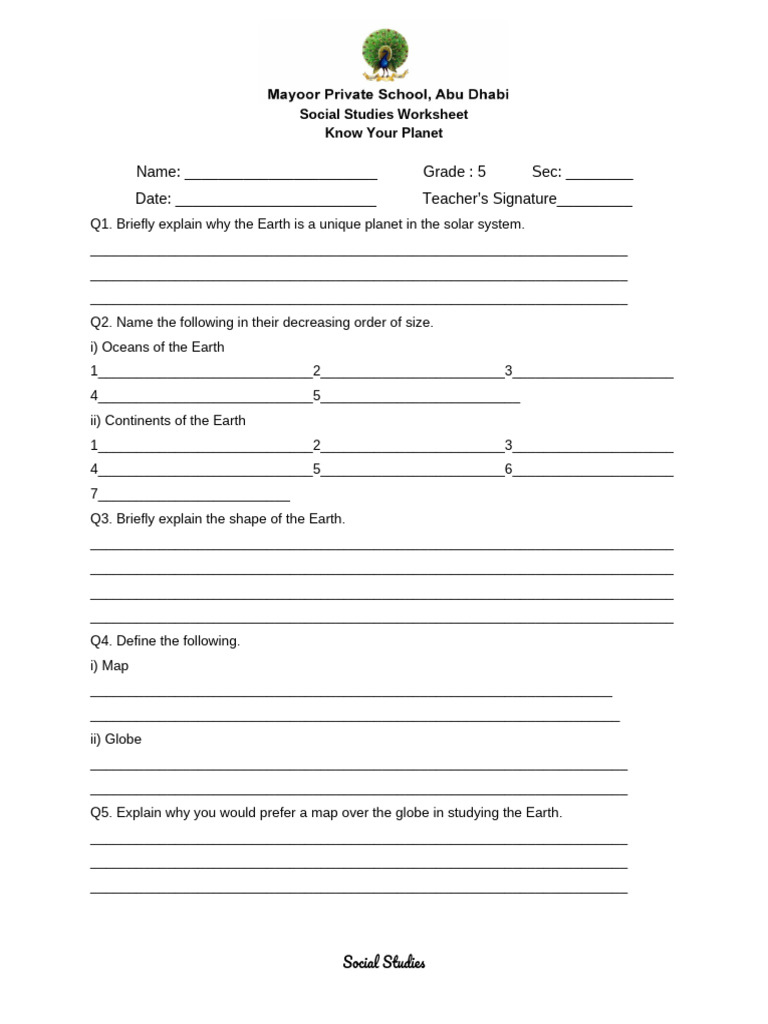 Grade 5 SST Worksheet 2 - Know Your Planet | PDF | Outer Space ...
