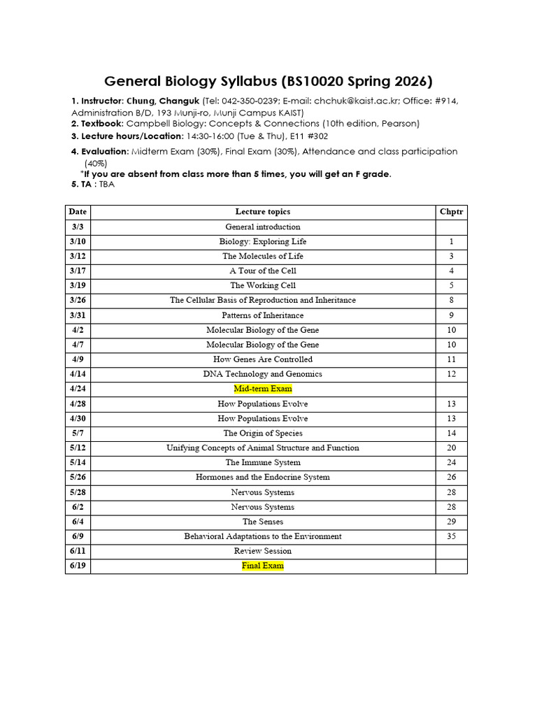 Syllabus General Biology Class I Spring 2026 CC | PDF | Biology | Gene