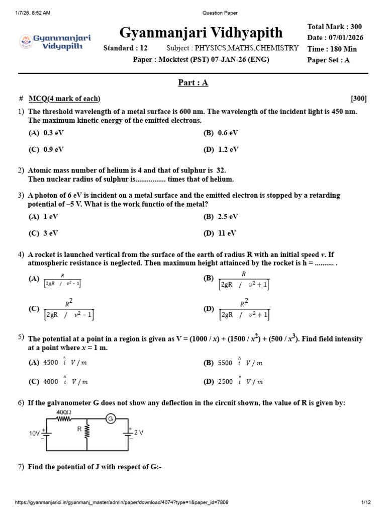 Mocktest (PST) 07-JAN-26 (ENG) Question Paper | PDF | Electronvolt ...