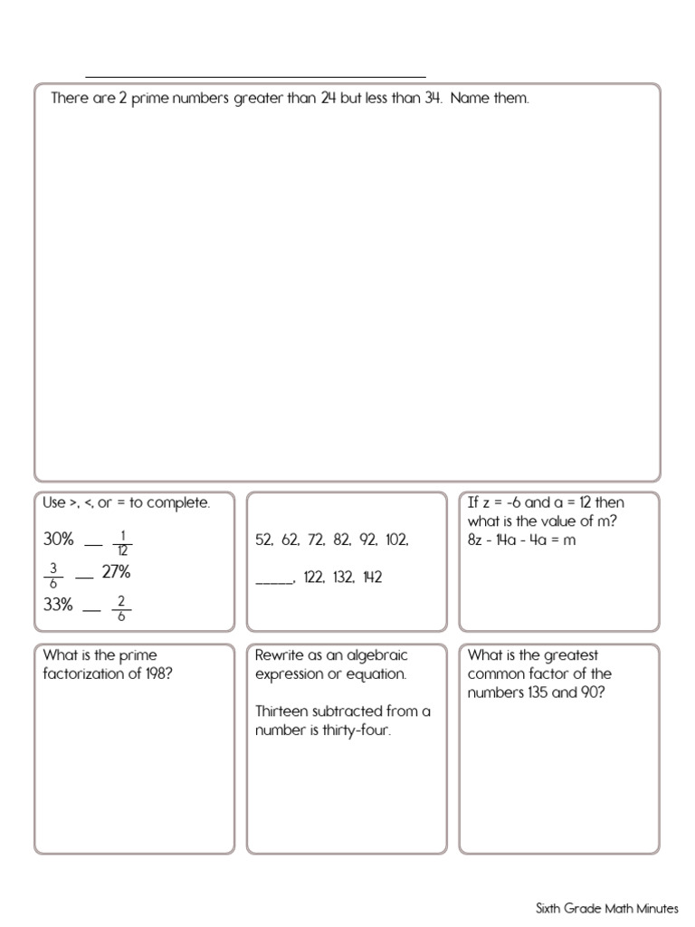 6th Grade Math Minutes Practice Worksheets | PDF