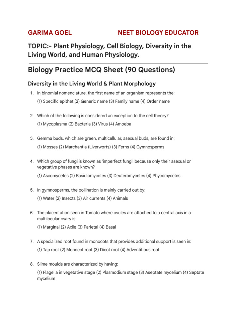 Plant Physiology, Cell Biology, Diversity in The Living World | PDF ...