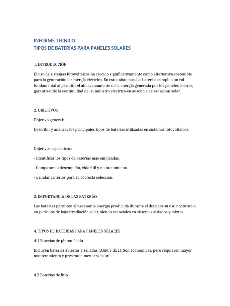 Informe Tipos de Baterias Para Paneles Solares | PDF