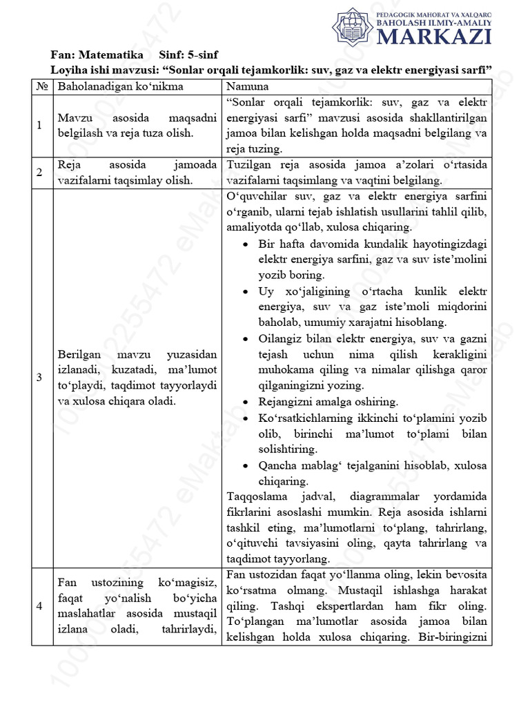 5 Sinf Umumta'Lim Matematika III Chorak BSB-7 Loyiha Ishi Mavzusi Va ...
