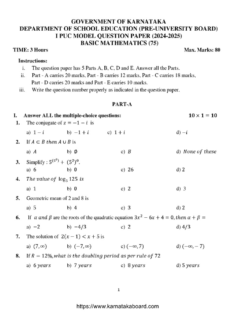 Puc 1 Model Paper Basic Mathematics 75 2025 | PDF