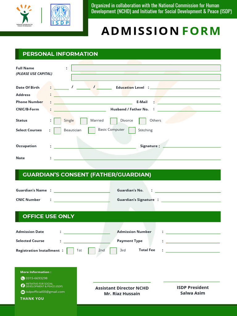 Admission Form Beautician , Computer and Stiching | PDF