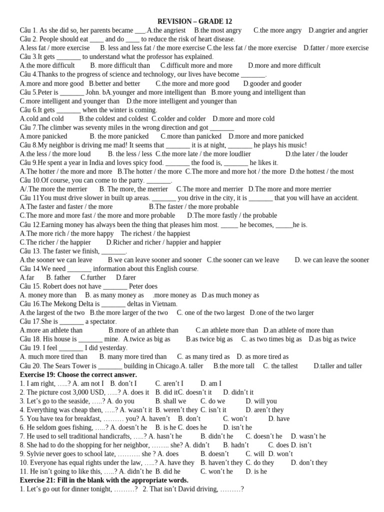 revision- grade 12 (hk1) 2025-2026 trên lớp | PDF