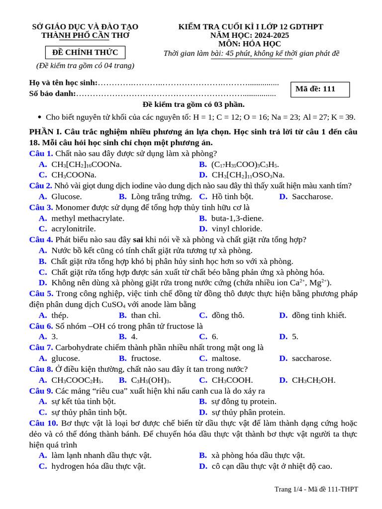 111_HỌC KÌ I _HÓA HỌC THPT_ 2024 - 2025 CT | PDF