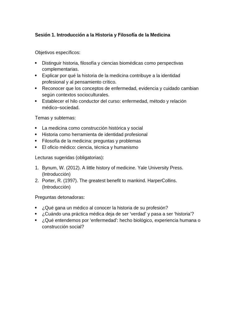 Programa Semestral Historia y Filosofía de la Medicina | PDF | Medicina | Cirugía