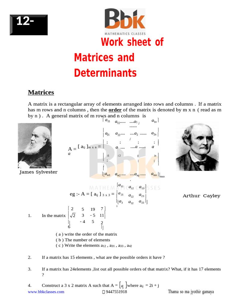 12-Worksheet of Matrics and Determinants | PDF | Matrix (Mathematics ...