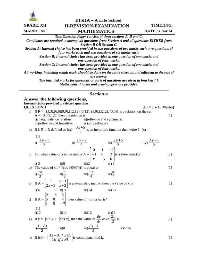Grade 12 2nd Revision Examinaton Mathematics QP Jan 24 | PDF ...