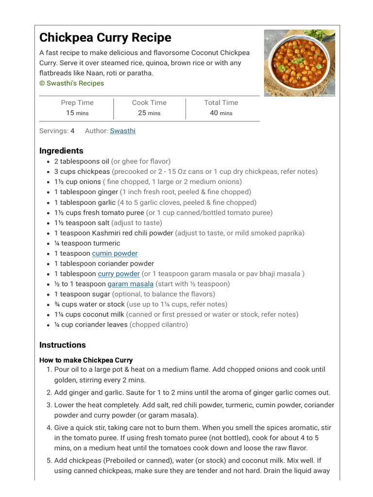 Chickpea Curry Recipe - Swasthi's Recipes | PDF | Curry | Coriander