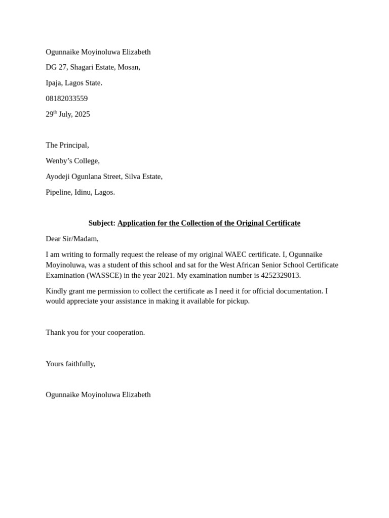 Application Letters For O'Level Results | PDF