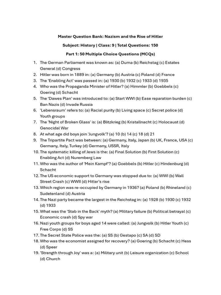 Master Question Bank - Nazism and The Rise of Hitler | PDF | Nazi ...