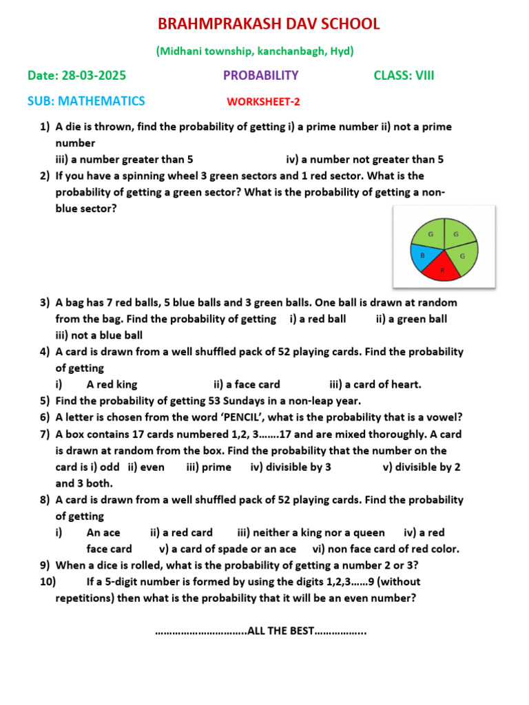 Class 8 Probability Work Sheet | PDF