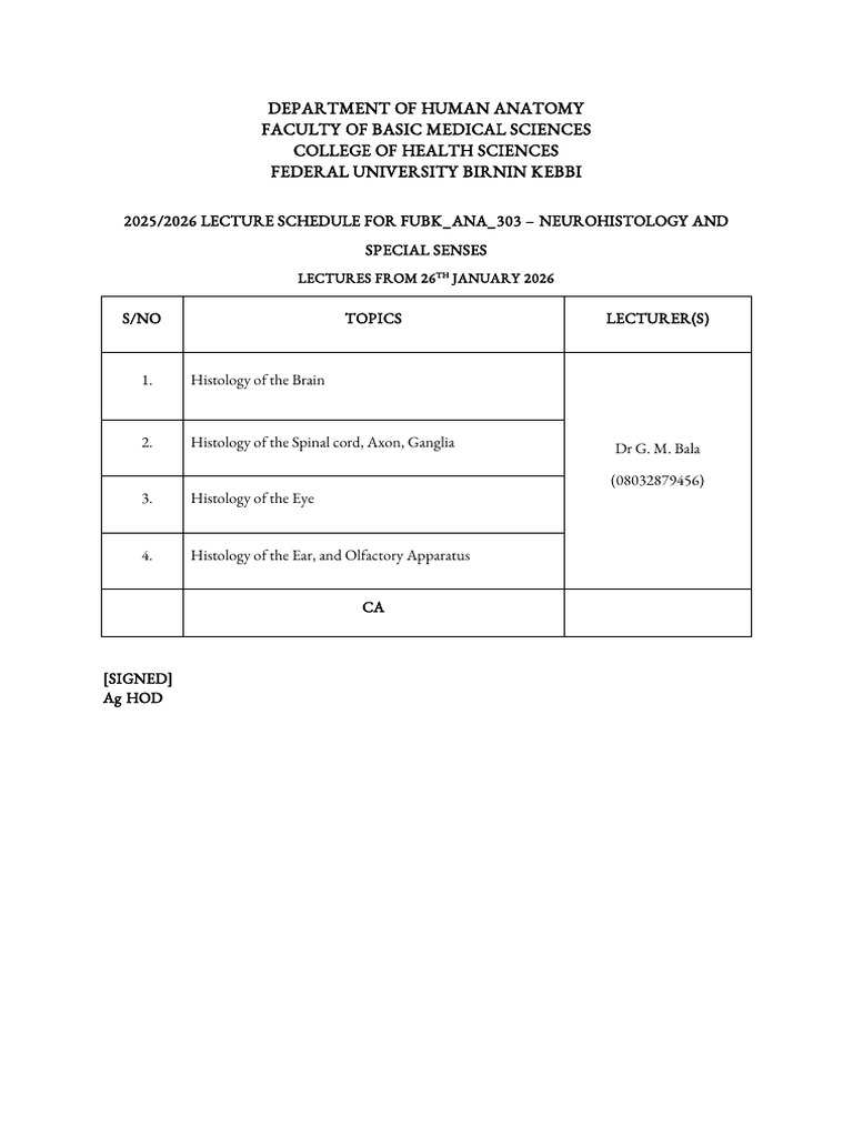 25 26 FUBK ANA 303 Lecture Schedule | PDF
