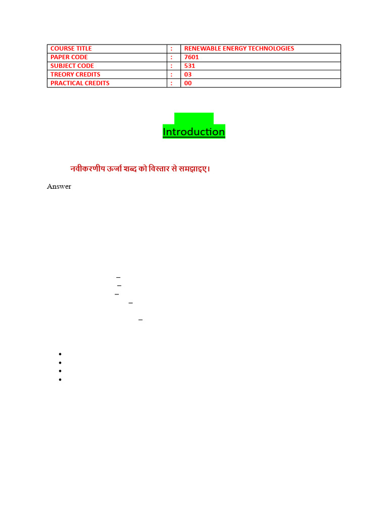 Renewable Energy Notes Unit 1 | PDF