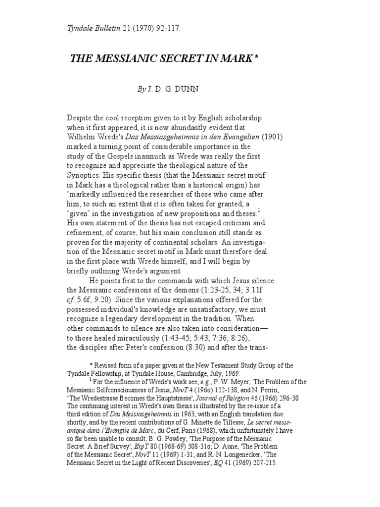 The Messianic Secret in Mark - Tyndale Bulletin, 1970, J. D. G. Dunn ...